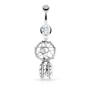 forbidden body jewelry surgical steel double jeweled dream catcher feathers dangle belly button ring (clear)