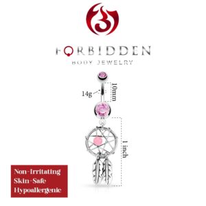 Forbidden Body Jewelry Surgical Steel Double Jeweled Dream Catcher Feathers Dangle Belly Button Ring (Pink)