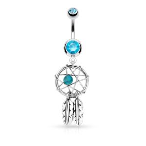 forbidden body jewelry surgical steel double jeweled dream catcher feathers dangle belly button ring (light blue)