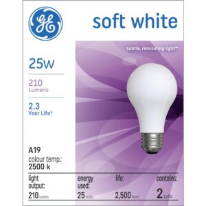 bulb sftwht 25a/w pk2 ge