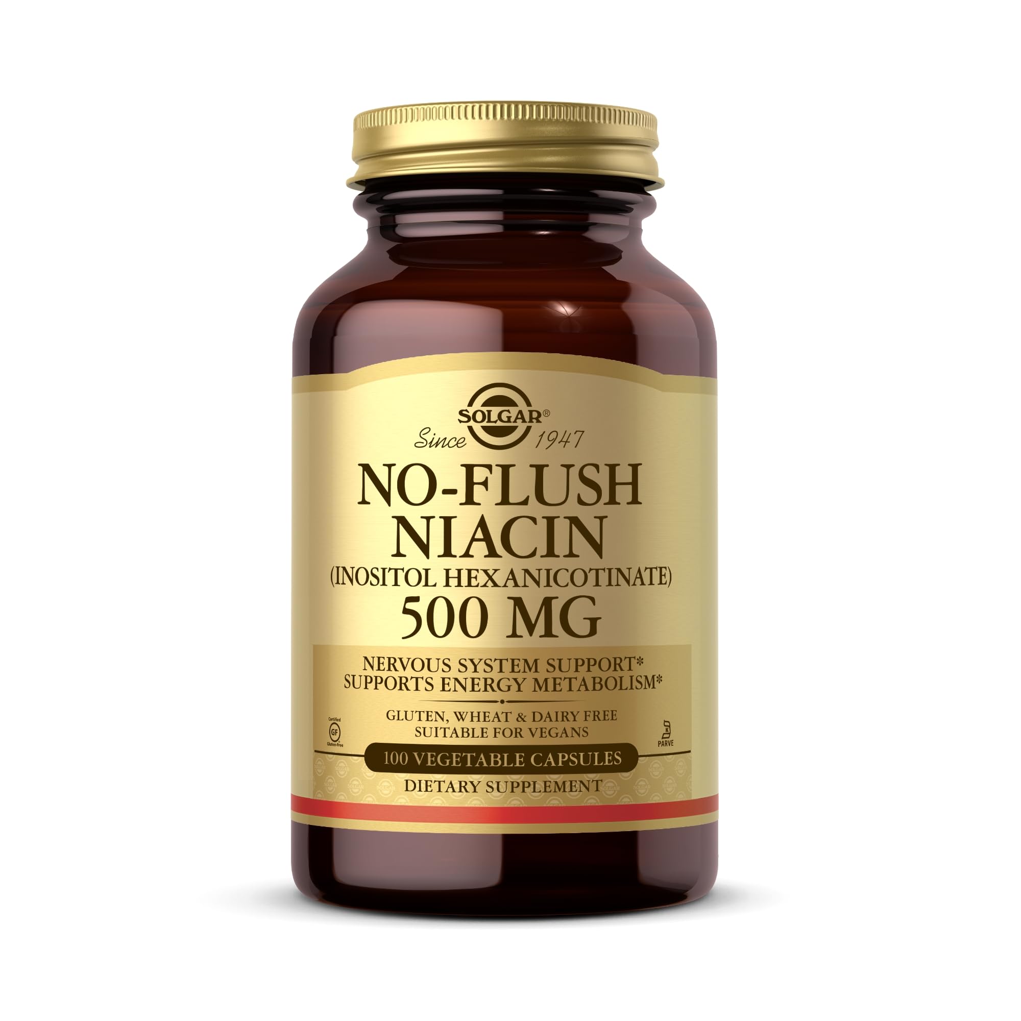 SOLGAR No-Flush Niacin 500 mg - 100 Vegetable Capsules - Supports Energy Metabolism & Nervous System - Vegan, Gluten & Dairy Free, Kosher - 100 Servings