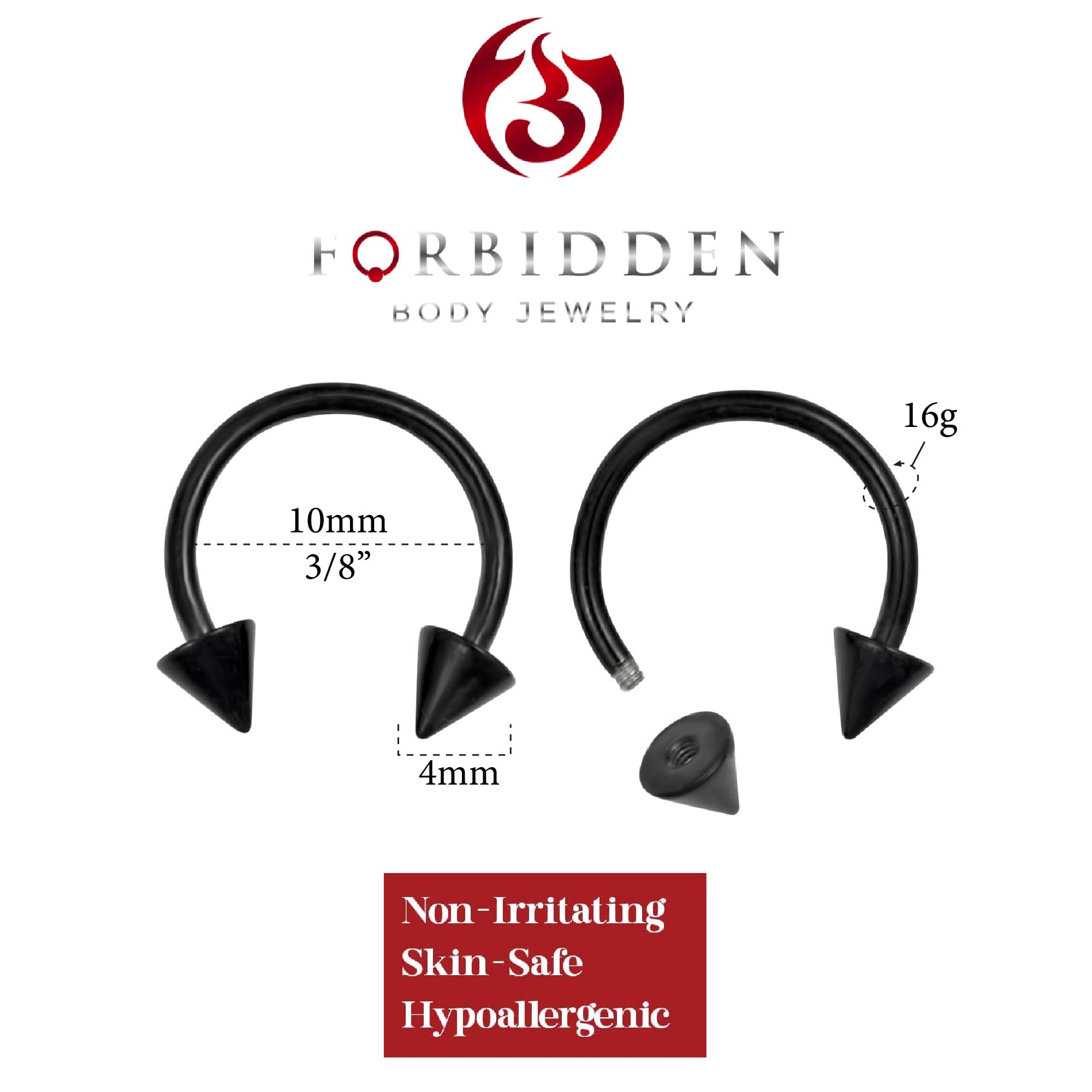 Forbidden Body Jewelry Set of 2 Rings: 16g 10mm Black IP Plated Surgical Steel Spiked Horseshoe Hoop Rings