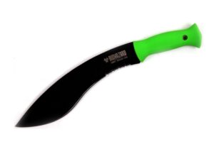 15.5 inch apocalypse kukri hunting knife with neon green handle, black mirror finish, and sheath. biohazard h-4858-gn2