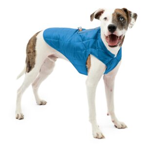 kurgo loft dog jacket, reversible winter coat for dogs, reflective, wear with harness, water resistant, for small medium large pets (coastal blue, m)