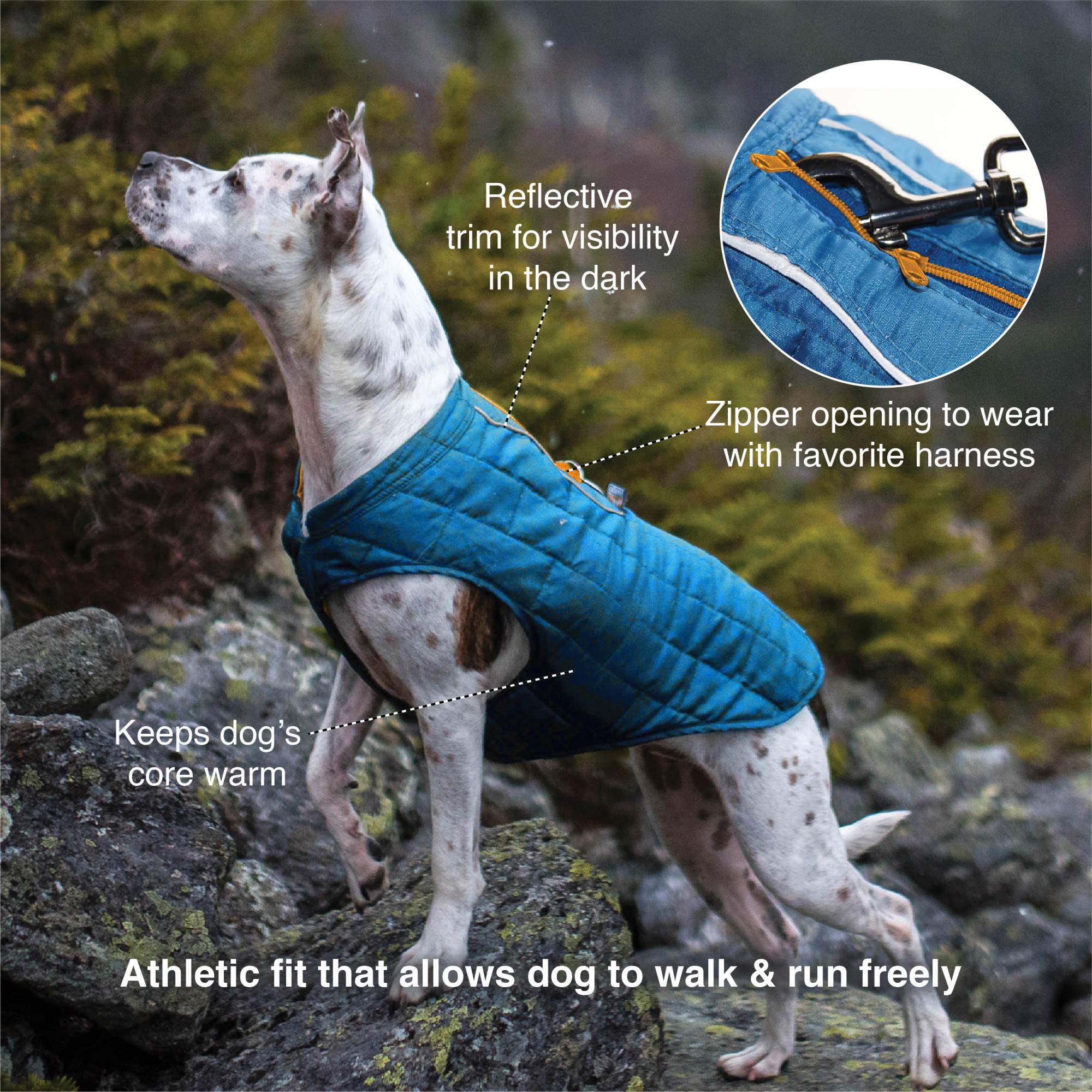 Kurgo Loft Dog Jacket, Reversible Winter Coat for Dogs, Reflective, Wear with Harness, Water Resistant, For Small Medium Large Pets (Coastal Blue, M)