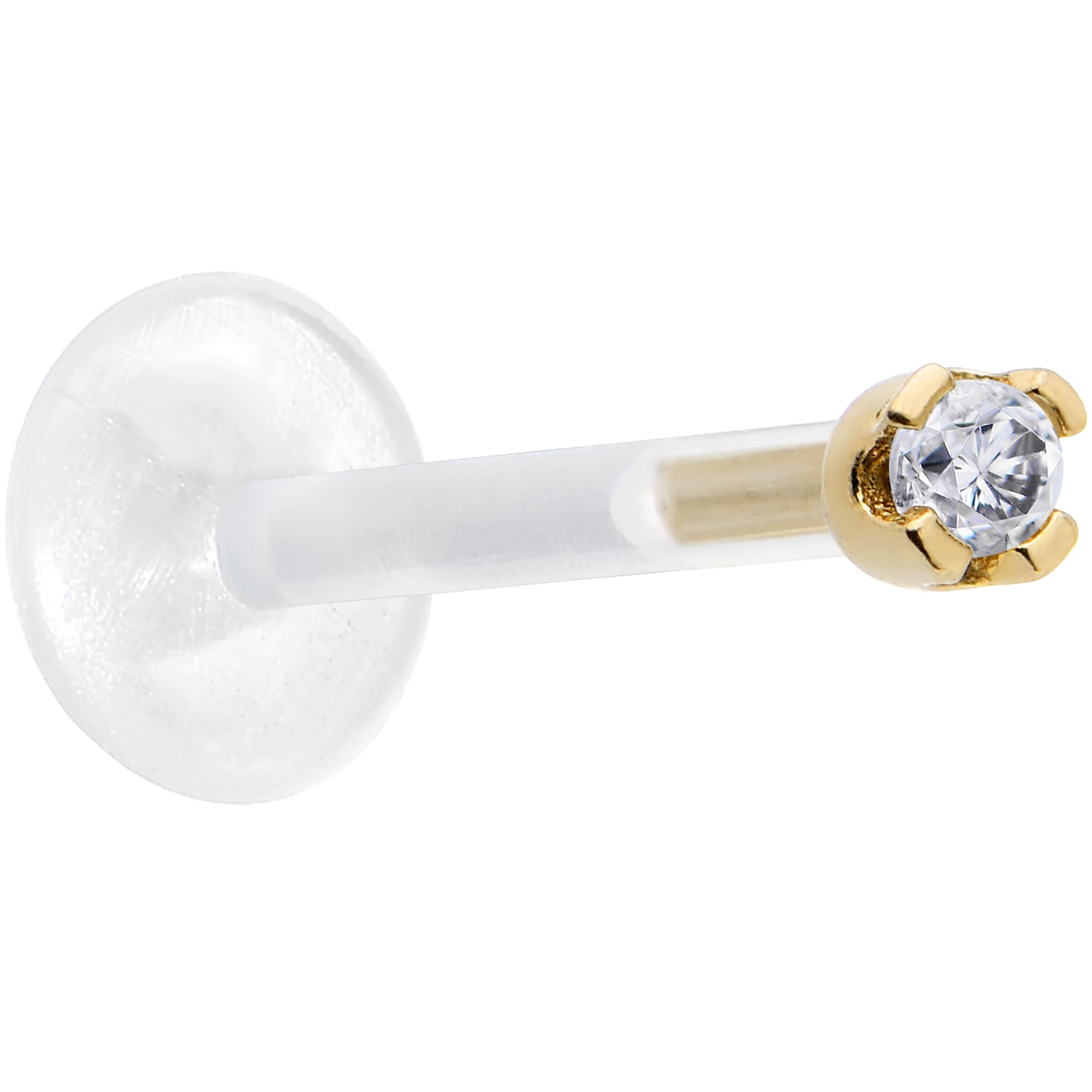 Body Candy 14k Yellow Gold 1.5mm CZ Bioplast Push in Labret Monroe 16 Gauge 3/8"