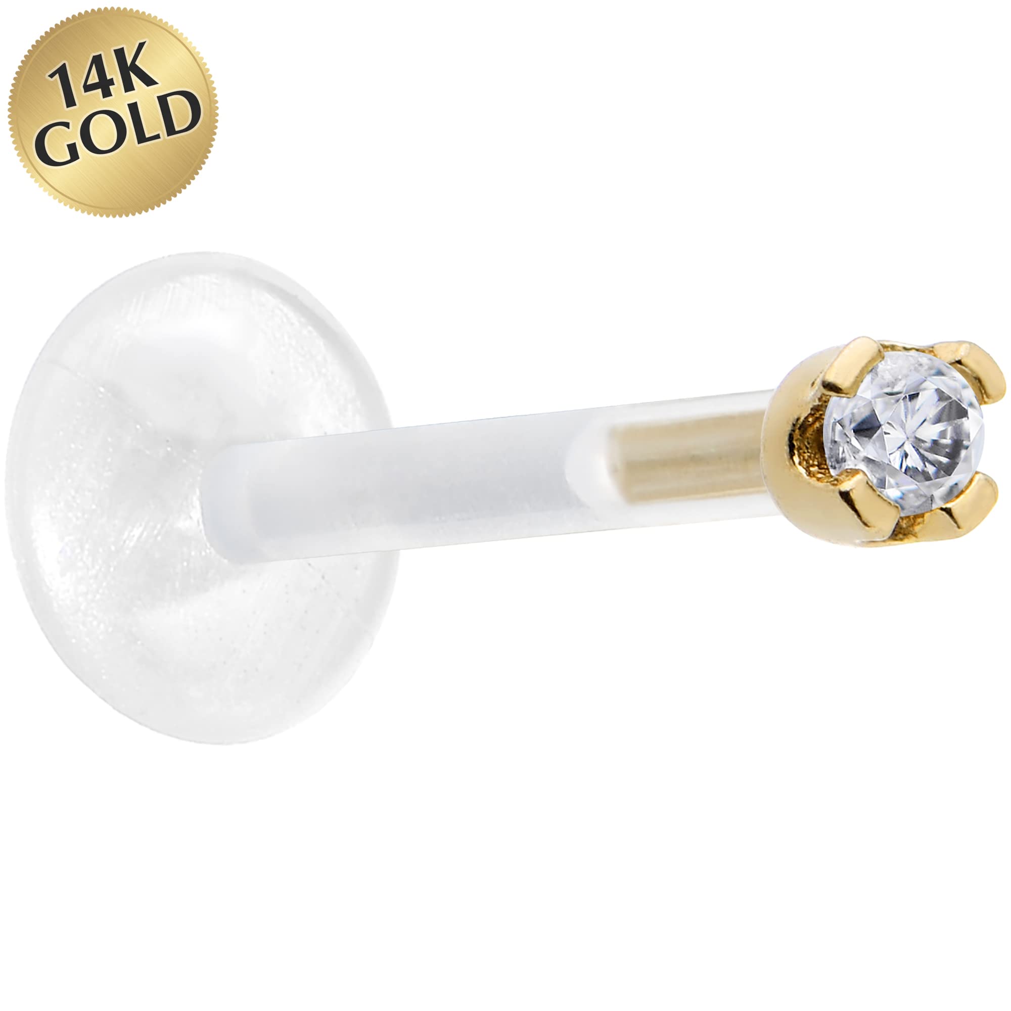 Body Candy 14k Yellow Gold 1.5mm CZ Bioplast Push in Labret Monroe 16 Gauge 3/8"