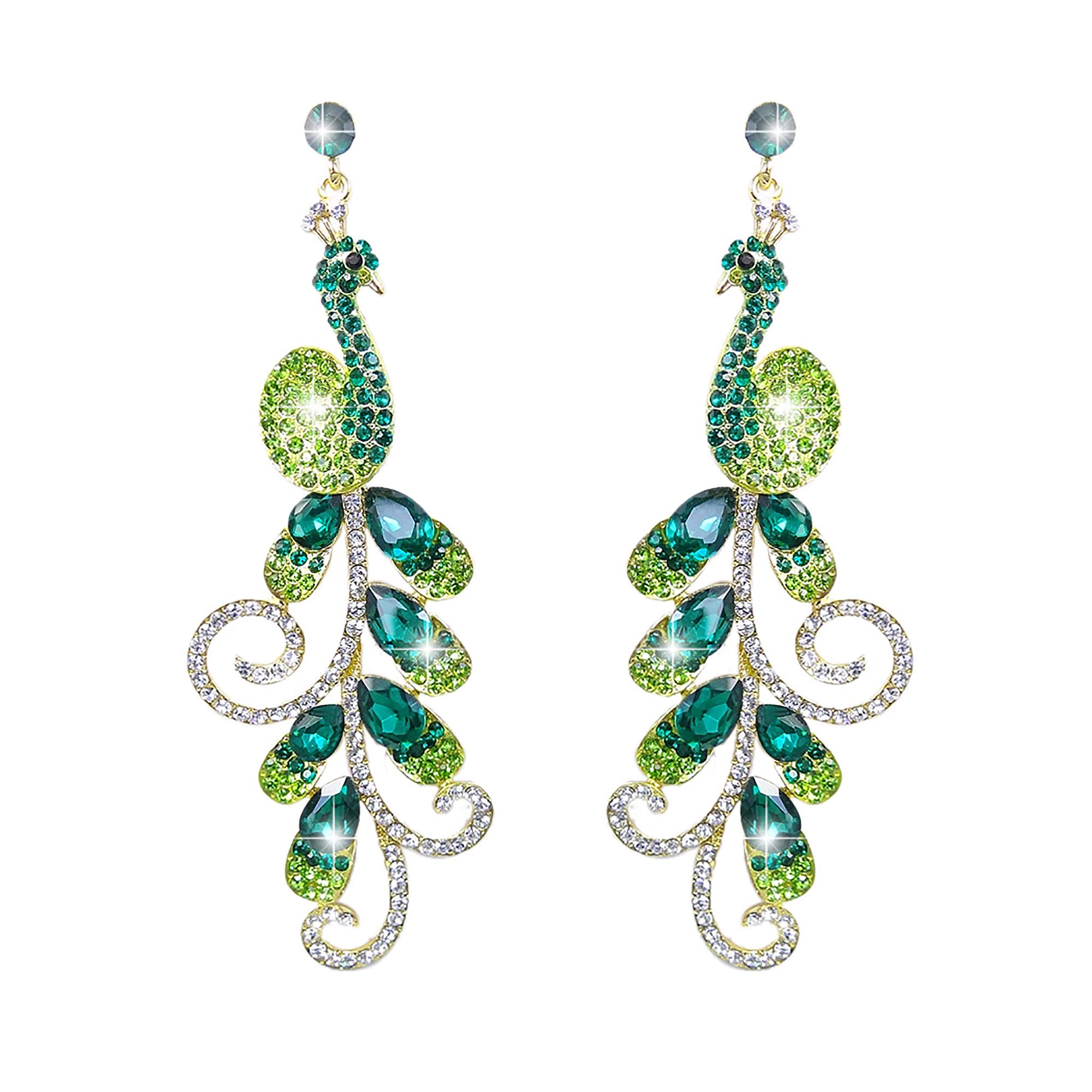 EVER FAITH Gold-Tone 4 Inch Peacock Teardrop Dangle Earrings Green Austrian Crystal