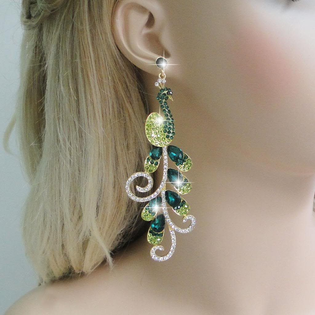 EVER FAITH Gold-Tone 4 Inch Peacock Teardrop Dangle Earrings Green Austrian Crystal