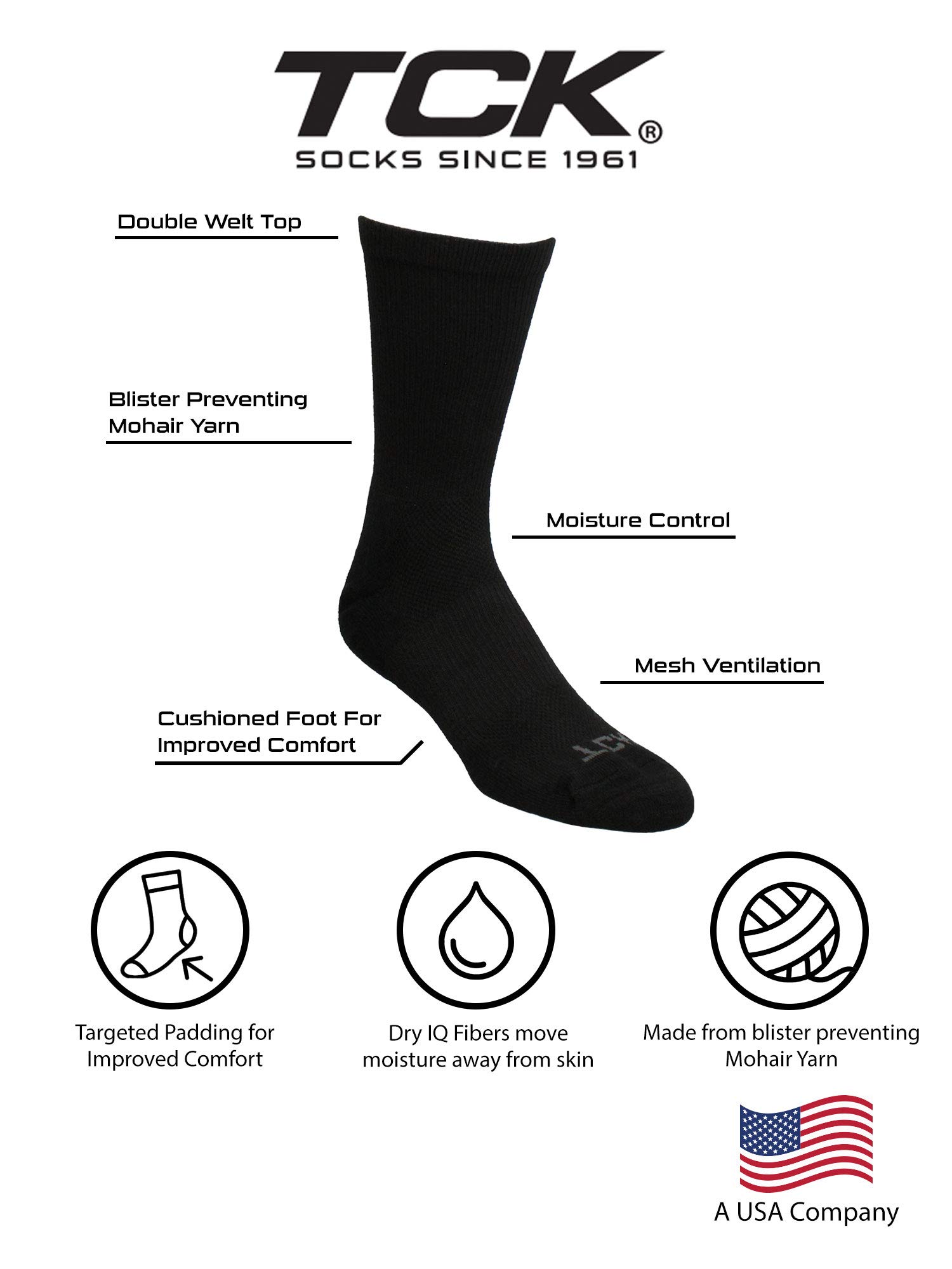 TCK Blister Resistance Crew Socks (Black, Large)