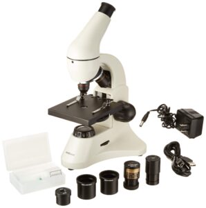 amscope m120c-2l-pb10-e1 digital compound monocular microscope, wf10x and wf25x eyepieces, 40x-1000x magnification, brightfield, upper and lower led illumination, plain stage, includes blank and prepared slides, 1.3mp camera and software