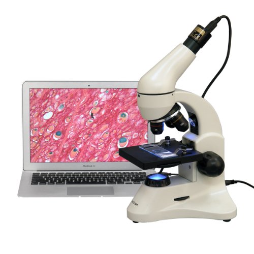 AmScope M120C-2L-PB10-E2 Digital Microscope, WF10x and WF25x Eyepieces, 40x-1000x Magnification, Brightfield, Upper and Lower LED Illumination, Plain Stage, Includes Blank and Prepared Slides, 2MP Camera and Software