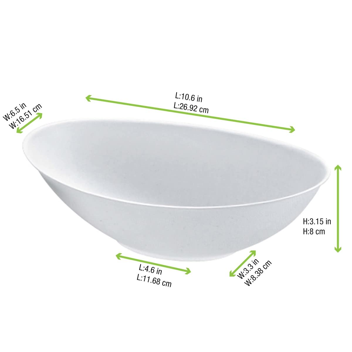 PacknWood 210BCHIC1500 Heavy-Duty Bowl Bio n’ Chic Oval White Sugarcane Bowl Made by 100% Sugarcane Fibers - 44oz 10.6 x 6.2’’ - 100pcs - Compostable and Biodegradable Salad