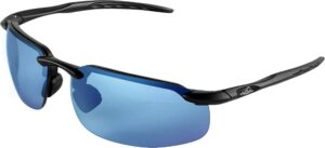 bullhead safety swordfish polarized safety glasses, ansi z87+, blue light glasses with uv light protection and anti-scratch coating, ballistic rated, blue mirror lenses, matte black frame