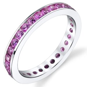 peora created pink sapphire eternity ring band for women 925 sterling silver, 1.50 carats total round shape, 3mm width, size 8