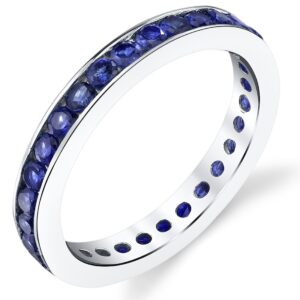 peora sterling silver created blue sapphire 3mm eternity band, wedding anniversary stackable ring, 1.50 carats total, size 6