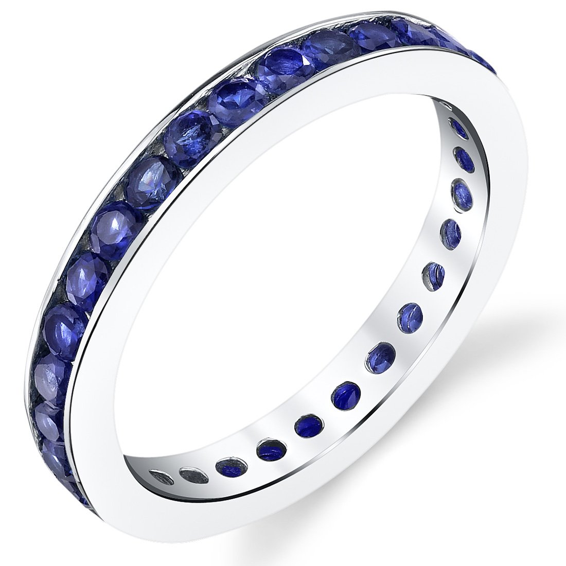 PEORA Sterling Silver Created Blue Sapphire 3mm Eternity Band, Wedding Anniversary Stackable Ring, 1.50 Carats total, Size 6