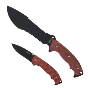 hunting knife and pocketknife set – includes sheath, 1 partially serrated fixed blade knife, and 1 pocket knife with an easy open tab by whetstone