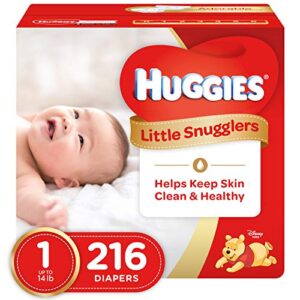 huggies little snugglers baby diapers, size 1, 216 count, unscented, hypoallergenic, gentleabsorb liner, pocketed-back waistband, wetness indicator, premium softness