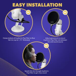 Auphonix Pop Filter Screen for Microphones - Gooseneck Clamps Compatible with Blue Yeti Microphone - Great Gift