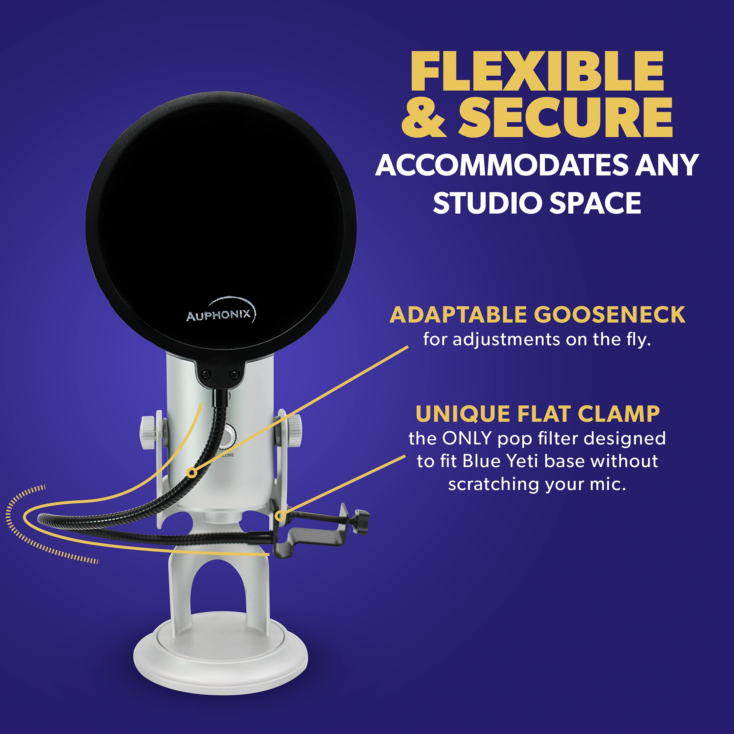 Auphonix Pop Filter Screen for Microphones - Gooseneck Clamps Compatible with Blue Yeti Microphone - Great Gift