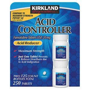 kirkland signature maximum strength acid controller relieves heartburn due to acid indigestion famotidine tablets, usp 20mg acid reducer - 2 packs of 125 counts bottle tablets (250 tablets total) - cos10