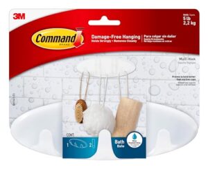 command bath multi-hook, holds up to 5 lb, 1 shower hook with 2 water-resistant command strip, damage free bathroom organization for robes, towels, loofahs, or bathroom accessories