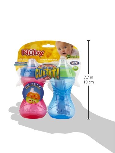 Nuby 2-Pack No-Spill Easy Grip Clik-It Cups, 10 Ounce, Colors May Vary