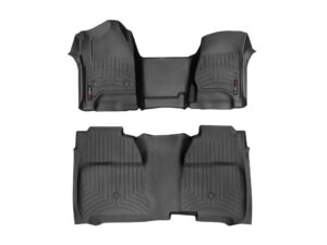 weathertech custom fit floorliners for silverado 2500hd/3500hd, sierra 1500, silverado 1500, sierra 2500hd/3500hd - 1st & 2nd row (over-the-hump w/full coverage row) (445431-445422), black