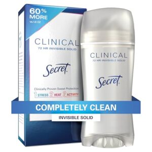 secret clinical strength antiperspirant and deodorant for women, invisible solid, 72hr sweat protection, ph balancing minerals, completely clean scent, 2.6 oz