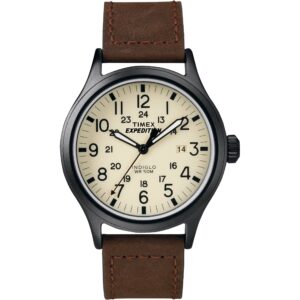 timex men's expedition scout 40mm watch – cream dial black case & brown leather strap