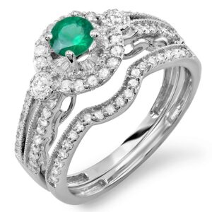 dazzlingrock collection 14k round emerald & white diamond women halo bridal engagement ring set, white gold, size 5.5