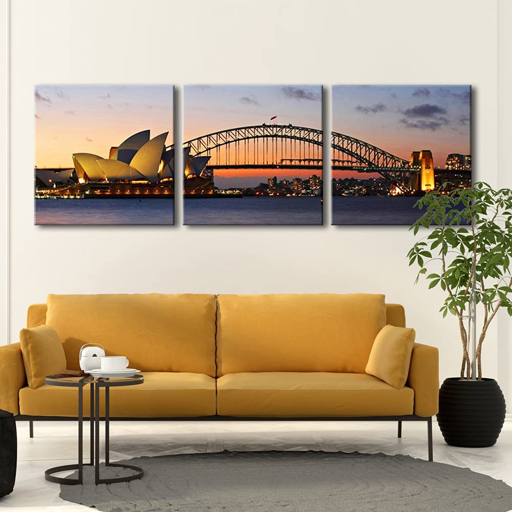 Wieco Art Museum of Sydney Modern Canvas Prints Wall Art City Skyline Pictures Paintings for Living Room Bedroom Home Decorations 3 Piece Modern Stretched and Framed Giclee Ocean Sea Beach Artwork