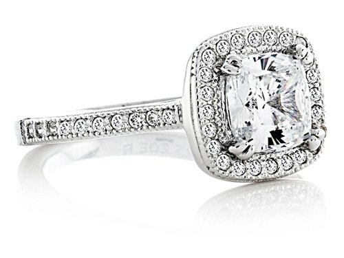 Zoe R Sterling Silver Micro Pave Hand Set Cubic Zirconia Halo 6mm Cushion-Cut Center Wedding Set Size 9.5