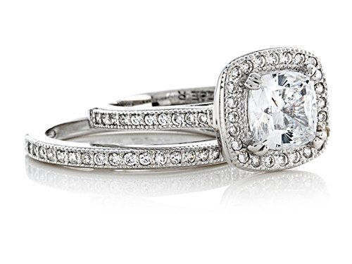 Zoe R Sterling Silver Micro Pave Hand Set Cubic Zirconia Halo 6mm Cushion-Cut Center Wedding Set Size 9.5