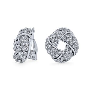 woven white clear crystal love knot work clip on earrings for women non pierced ears silver plated brass