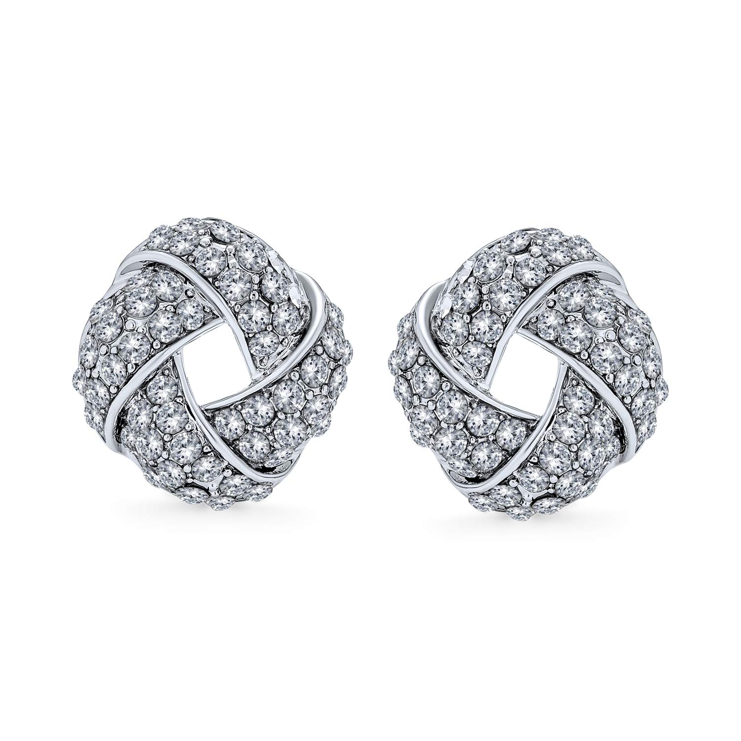 Woven White Clear Crystal Love Knot Work Clip On Earrings For Women Non Pierced Ears Silver Plated Brass