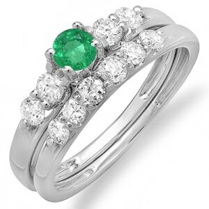 dazzlingrock collection 14k round emerald & white diamond bridal 5 stone engagement ring wedding set, white gold, size 7.5