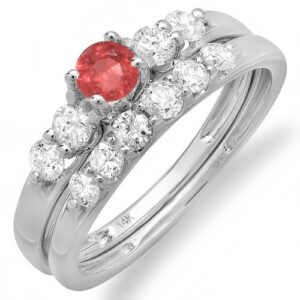 dazzlingrock collection 14k ruby & white diamond bridal 5 stone engagement wedding ring set, white gold, size 9