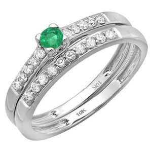 dazzlingrock collection 10k round emerald & white diamond bridal engagement wedding ring set, white gold, size 5