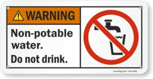 smartsign - s-9885-al-05x10 "warning - non-potable water, do not drink" sign | 5" x 10" aluminum black/orange/red/yellow on white