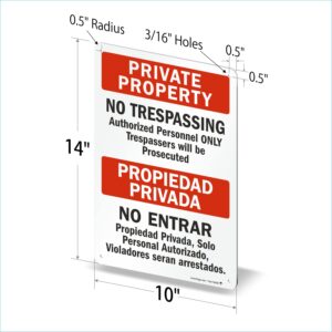 SmartSign "Private Property - No Trespassing" Bilingual Sign | 10" x 14" Aluminum