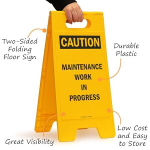 SmartSign 25 x 12 inch “Caution - Maintenance Work In Progress” Two-Sided Folding Floor Sign, Digitally Printed Polypropylene Plastic, Black and Yellow