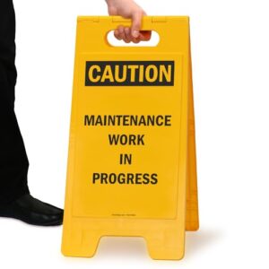 SmartSign 25 x 12 inch “Caution - Maintenance Work In Progress” Two-Sided Folding Floor Sign, Digitally Printed Polypropylene Plastic, Black and Yellow