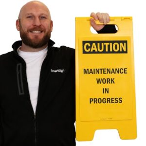 SmartSign 25 x 12 inch “Caution - Maintenance Work In Progress” Two-Sided Folding Floor Sign, Digitally Printed Polypropylene Plastic, Black and Yellow