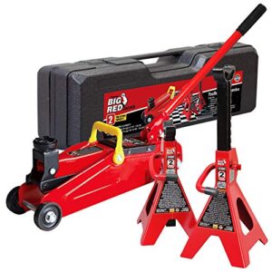 big red t82001s torin hydraulic trolley service/floor jack combo with 2 jack stands and blow mold carrying storage case, 2 ton (4,000 lb) capacity, red