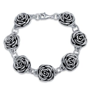 antiqued finish large statement 3d garden flower black rose bracelet for women girlfriend oxidized .925 sterling silver 7.5 inch