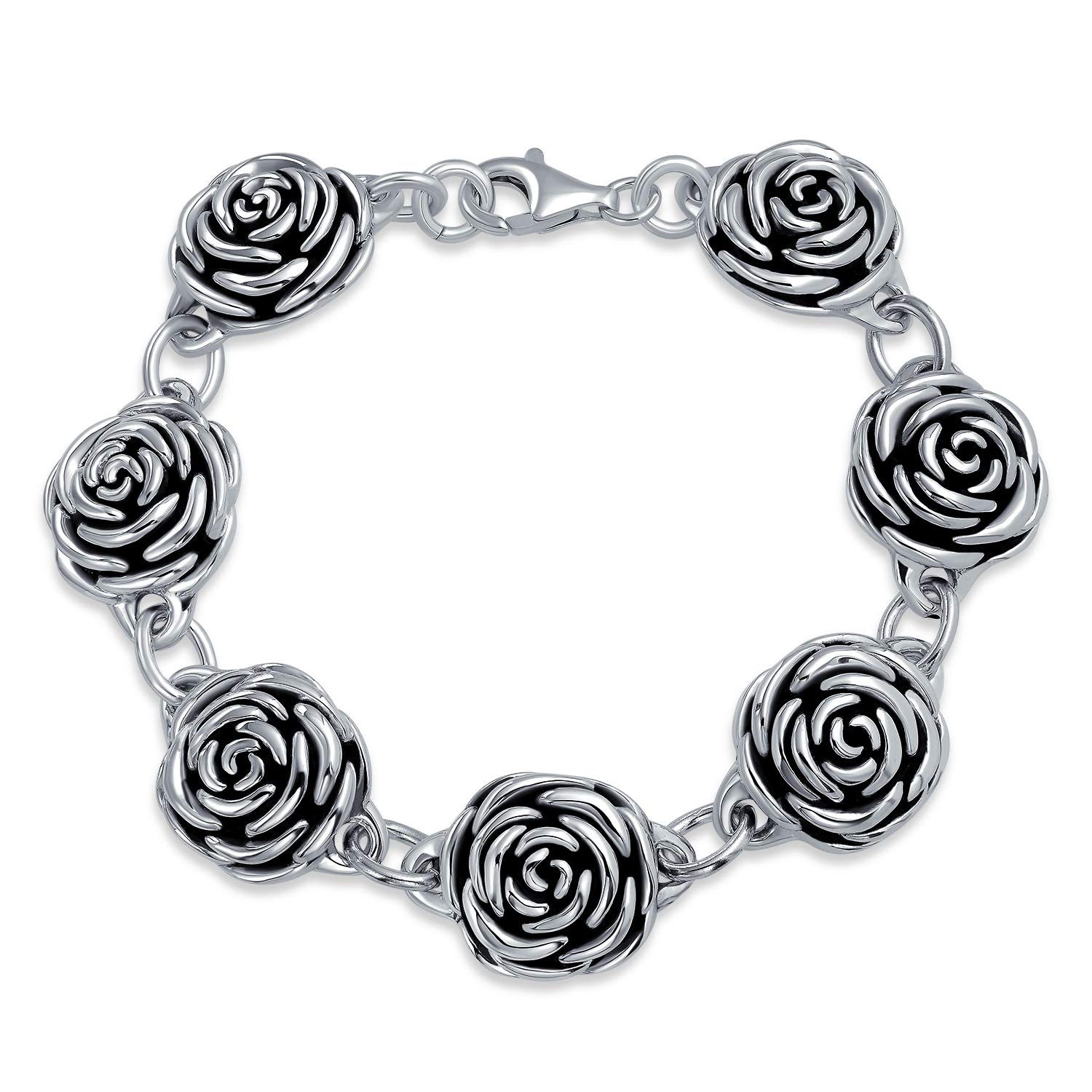 Antiqued Finish Large Statement 3D Garden Flower Black Rose Bracelet For Women Girlfriend Oxidized .925 Sterling Silver 7.5 Inch