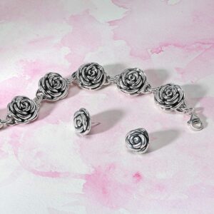 Antiqued Finish Large Statement 3D Garden Flower Black Rose Bracelet For Women Girlfriend Oxidized .925 Sterling Silver 7.5 Inch