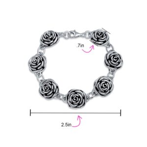 Antiqued Finish Large Statement 3D Garden Flower Black Rose Bracelet For Women Girlfriend Oxidized .925 Sterling Silver 7.5 Inch